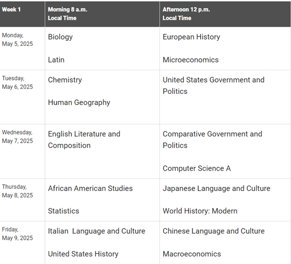 AP Testing Week 1: May 5 - May 9, 2025 - ICA - 常春藤美式寄宿學校